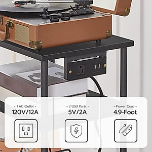 HOOBRO 3-Tier Record Player Stand, Vinyl Record Holder with Charging Station, Record Player Table with Storage Shelf, Turntable Stand for Music Room, Living Room, Bedroom, Black BB02URS01