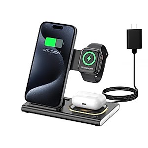 3 in 1 Foldable Charging Station for Apple Products,Fast Wireless Charger Travel Dock Adapter&Light for iPhone 15/14/13/12/11/X/XS/XR 8,iWatch Ultra2/9/Ultra/8/7/6/SE/5/4/3,Pods 3/2/Pro/2 (Black)