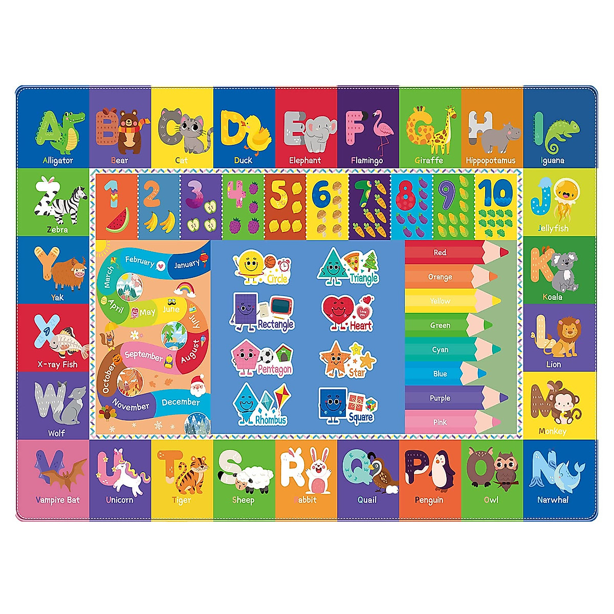 Mhconneaty Kids Play Mat Kids Rug for Playroom, 78.7x59 Inches Floor Mat for Baby Play Mat Playtime Collection ABC, Numbers, Animals, Month, Season Educational Area Rug for Kids Room Classroom