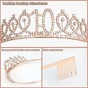 AIEX 4pcs Rose Gold Birthday Decorations Kit, Including Birthday Crown and Sash Cake Topper Cake Number Candles Birthday Girl Decorations(10th Birthday)