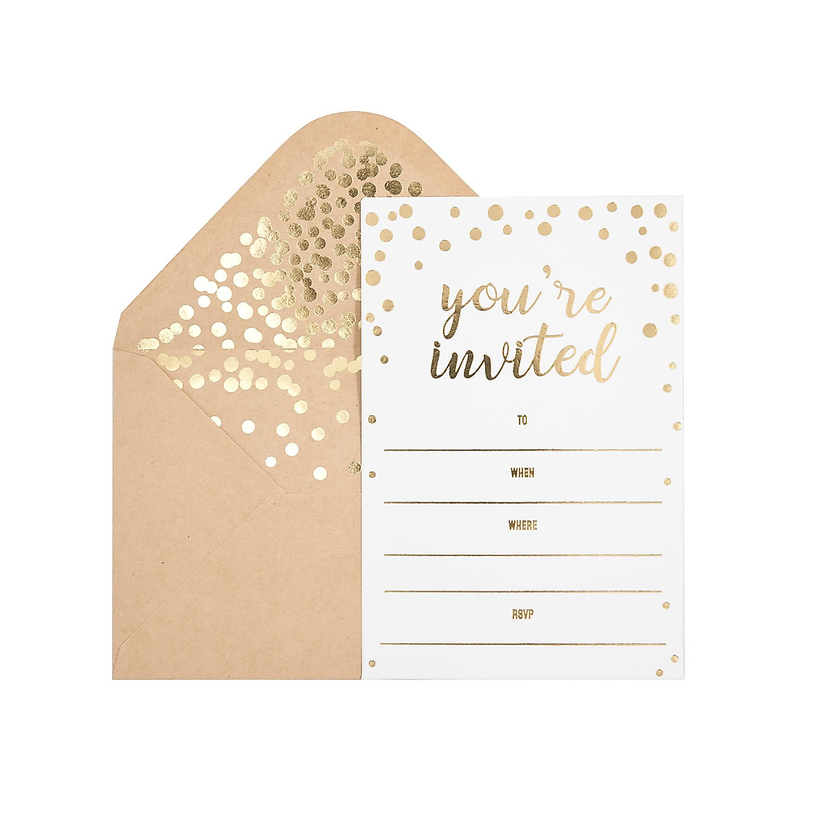 50 Pack Invitation Card - Elegant Greeting Cards ‘’You Are Invited’’ In Gold Foil Letters – For Wedding, Bridal Shower, Baby Shower, Birthday Invitations - 52 Kraft Envelopes Included - 4" x 6"