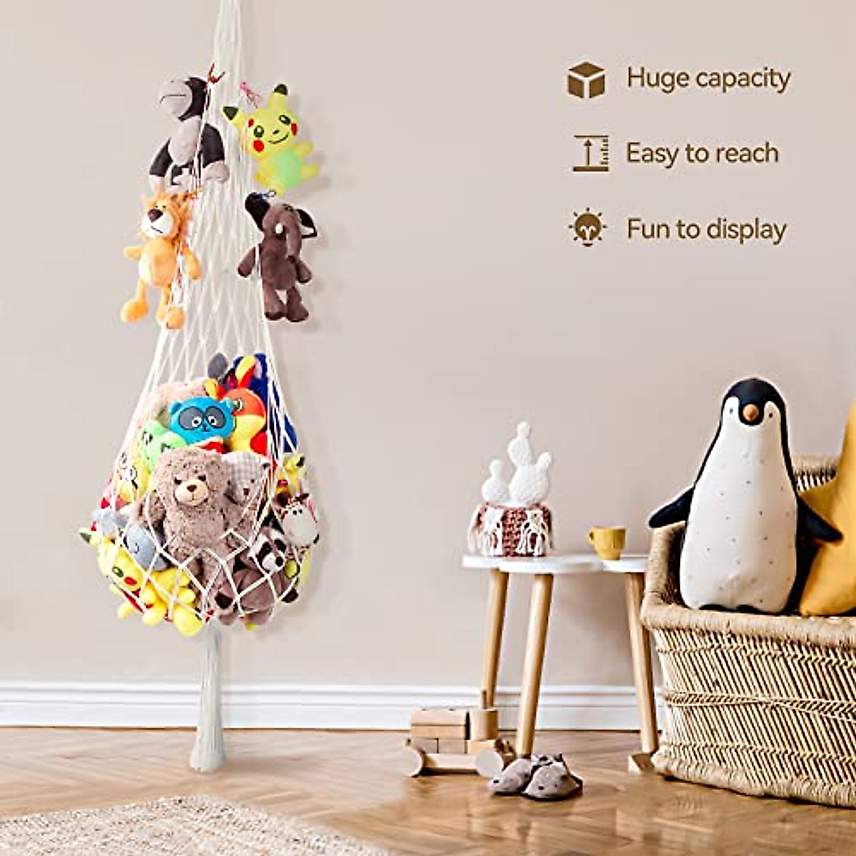 Stuffed Animal Net Or Hammock, Toy Net For Stuffed Animals, Stuffed Animal Holder With Hooks, Large Hammock For Stuffed Animals, Hanging Corner Stuffed Animal Organizer For Kids Bedroom Playroom White