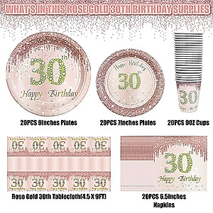 algpty 30th Birthday Decorations Plates Set Rose Gold | Service for 20 | 30th Birthday Party Supplies Rose Gold with Plates, Cups, Napkins, Tablecloth | 30th Birthday Supplies Tableware for Women