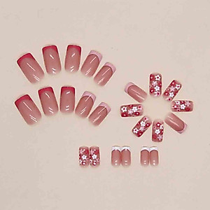 Foccna Square False Press on Nails Pink Medium Acrylic Fake Nails Flower Design for Girl Full Cover Wear Finger Nail Art Tips for Women&Girls 24PCS