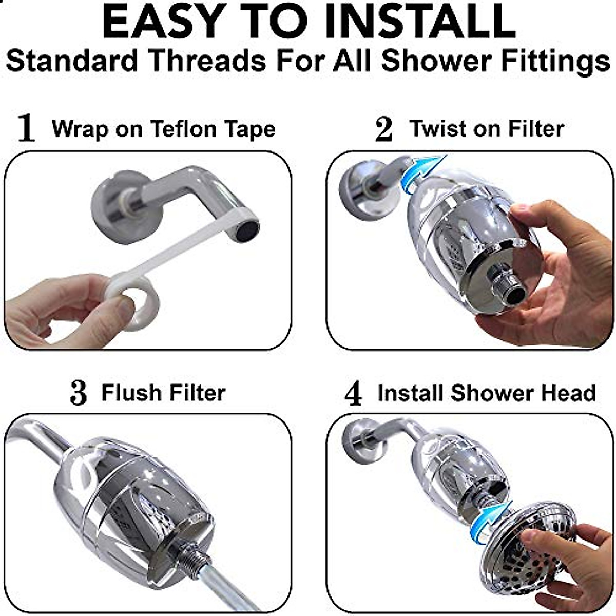 Shower Water Filter + Extra Cartridge - Universal Home Showerhead Filters With Activated Charcoal To Remove Chlorine And Hard Minerals + 1 Extra Replacement Cartridge - Chrome