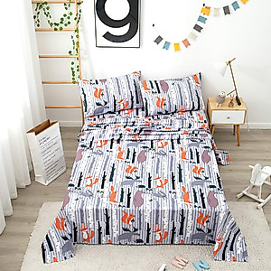 JSD Kids Printed Sheets Set Twin, Cute Forest Animals Fox Soft Microfiber Bed Sheets for Boys Girls, 3 Pieces