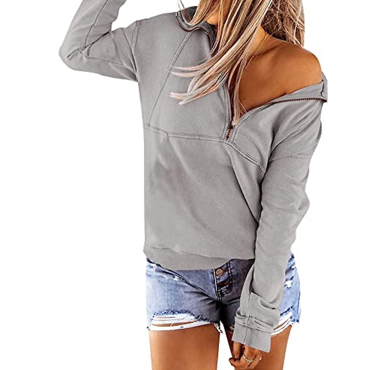 Floral Find Women's Long Sleeve Lapel Half Zip Up Sweatshirt Solid Stylish Loose Fit Casual Pullover Tops Grey
