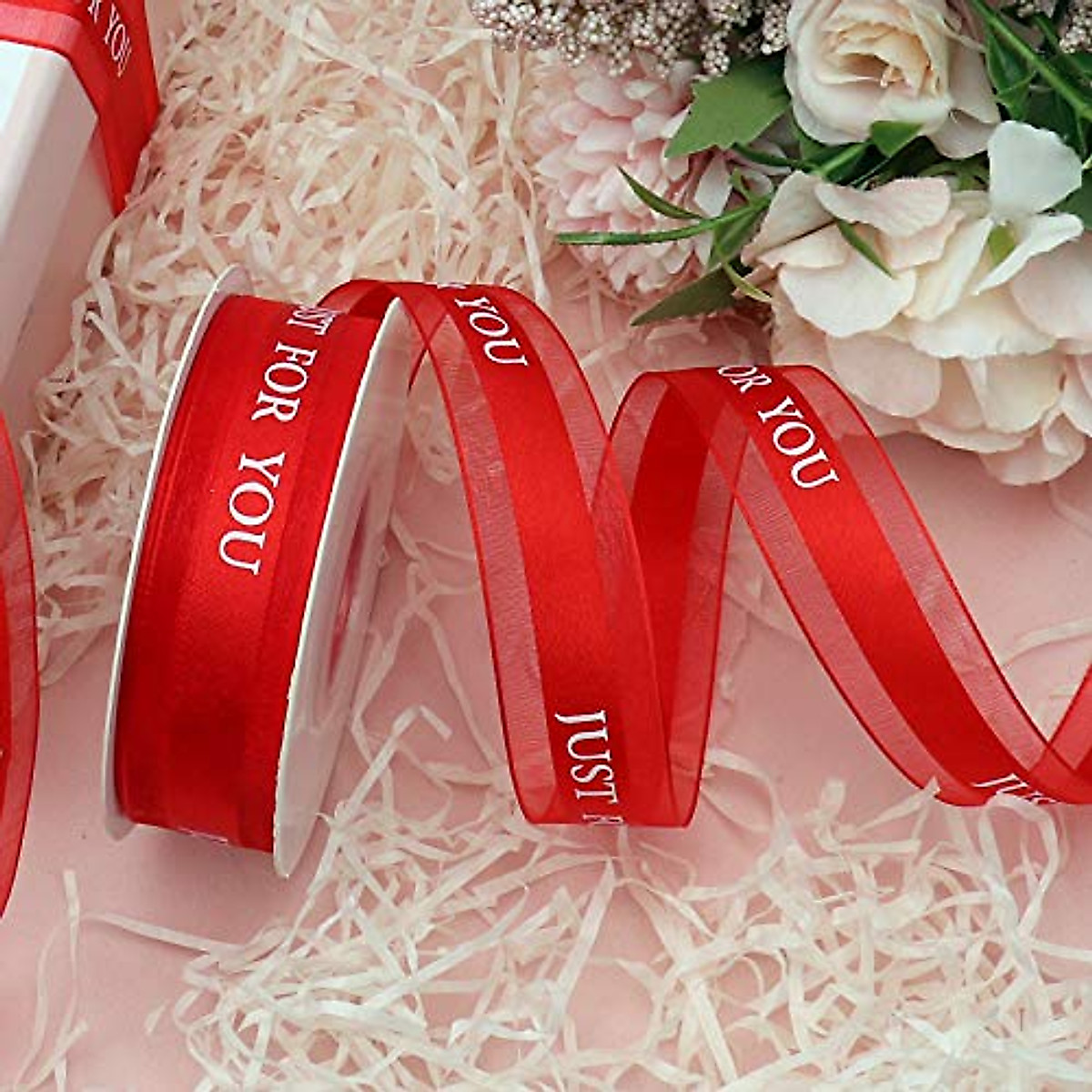 2 Rolls White Red Chiffon Ribbon, Printed Just for You Ribbon for Gift Wrapping, Wedding, Valentines Day, 22 Yards Organza Ribbon for DIY Crafts, Easter Decor