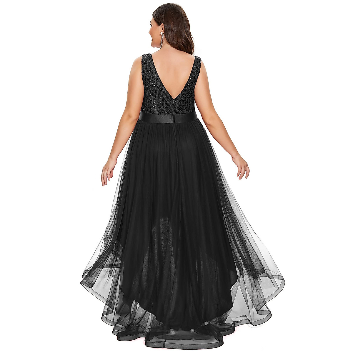 Ever-Pretty Womens Double V Neck A Line High Low Sequin Tulle Plus Size Formal Dresses for Curvy Women Black US20