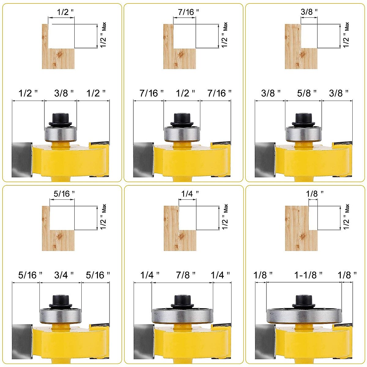 JTTJDB 1/4-Inch Shank Rabbet Router Bit with 6 Bearings Set - 1/8", 1/4", 5/16", 3/8", 7/16", 1/2" Interchangeable Bearings