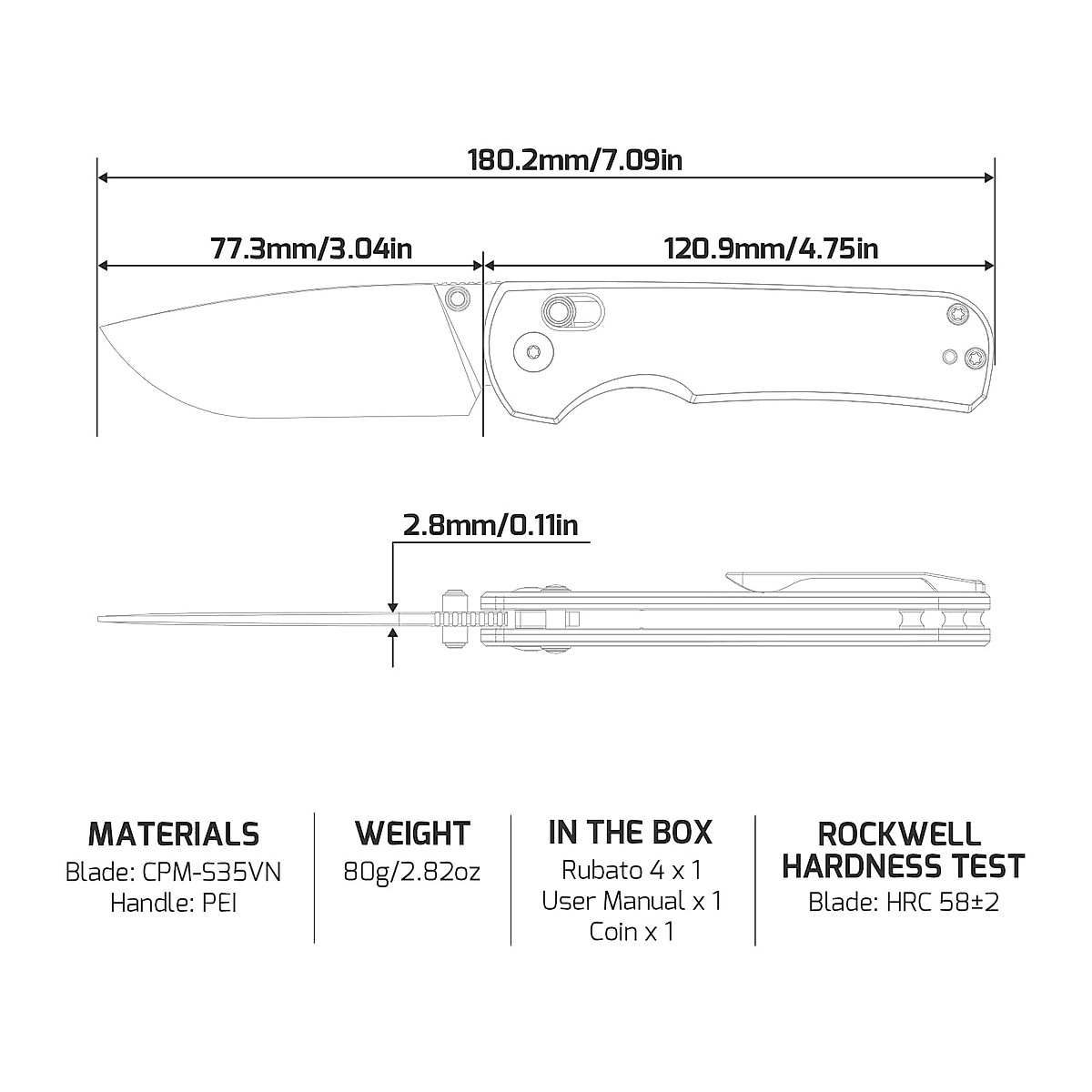 OKNIFE Rubato 4 PEI Folding Knife, CPM-S35VN Steel, 3.04" Blade Amber Handle with Deep Pocket Clip, Drop Point, Rail Lock, Thumb Stud