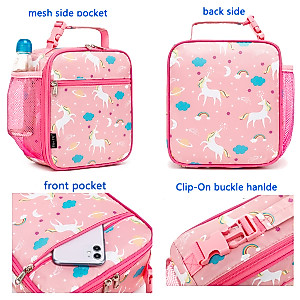 FlowFly Kids Lunch box Insulated Soft Bag Mini Cooler Back to School Thermal Meal Tote Kit for Girls, Boys, Unicorn