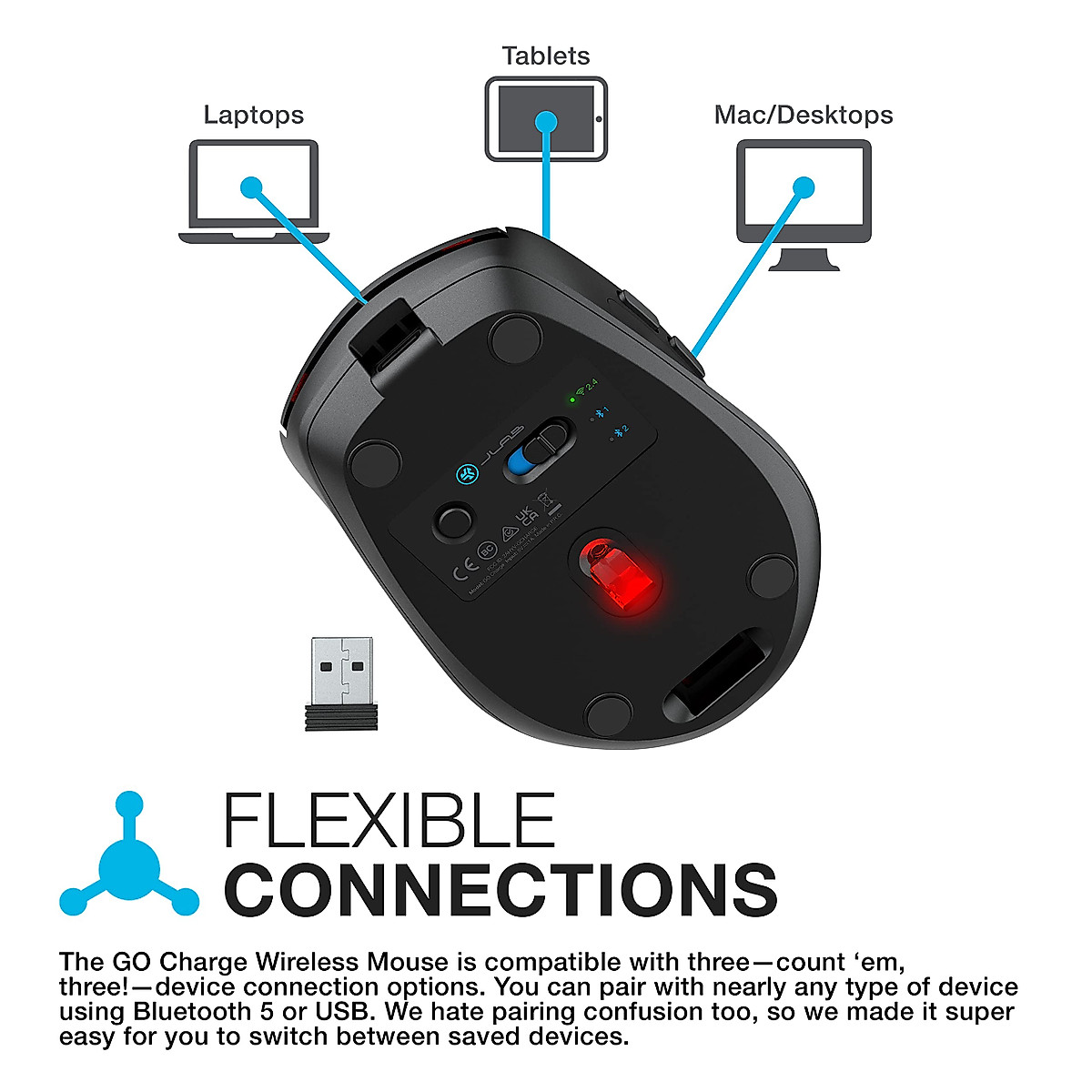 JLab GO Charge Wireless Mouse, Connect Via Bluetooth or USB Wireless Dongle, Multi-Device Toggle, Portable, Ultra-Compact and Lightweight for Work on The Go, Adjustable Tracking, (1 Pack)