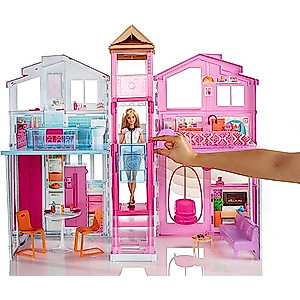 Barbie Doll House, 3-Story Townhouse with 4 Rooms & Rooftop Lounge, Furniture & Accessories Including Swinging Chair (Amazon Exclusive)