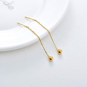 14K Solid Gold Ball Dangle Earrings for Women, Dainty 4mm Yellow Gold Ball Threader Drop Earrings Jewelry on Birthday, Anniversary