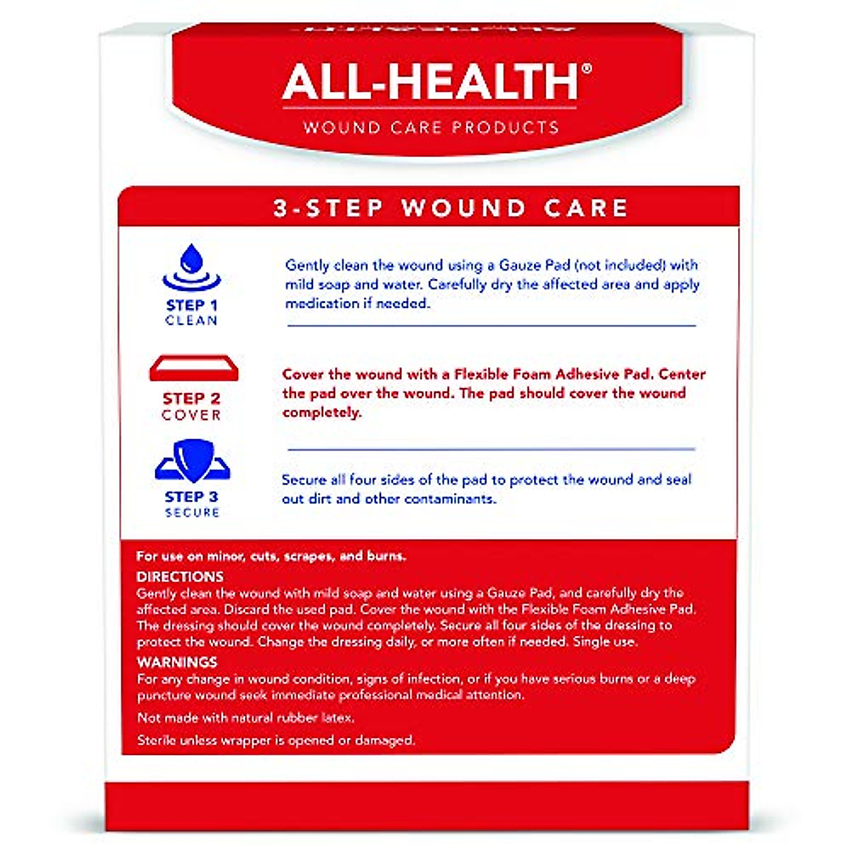 All Health Flexible Foam Adhesive Pad, 10 Pads, 3.5 in x 4.5 in, 8 Hour Protection | Waterproof Bandage for Covering Wounds