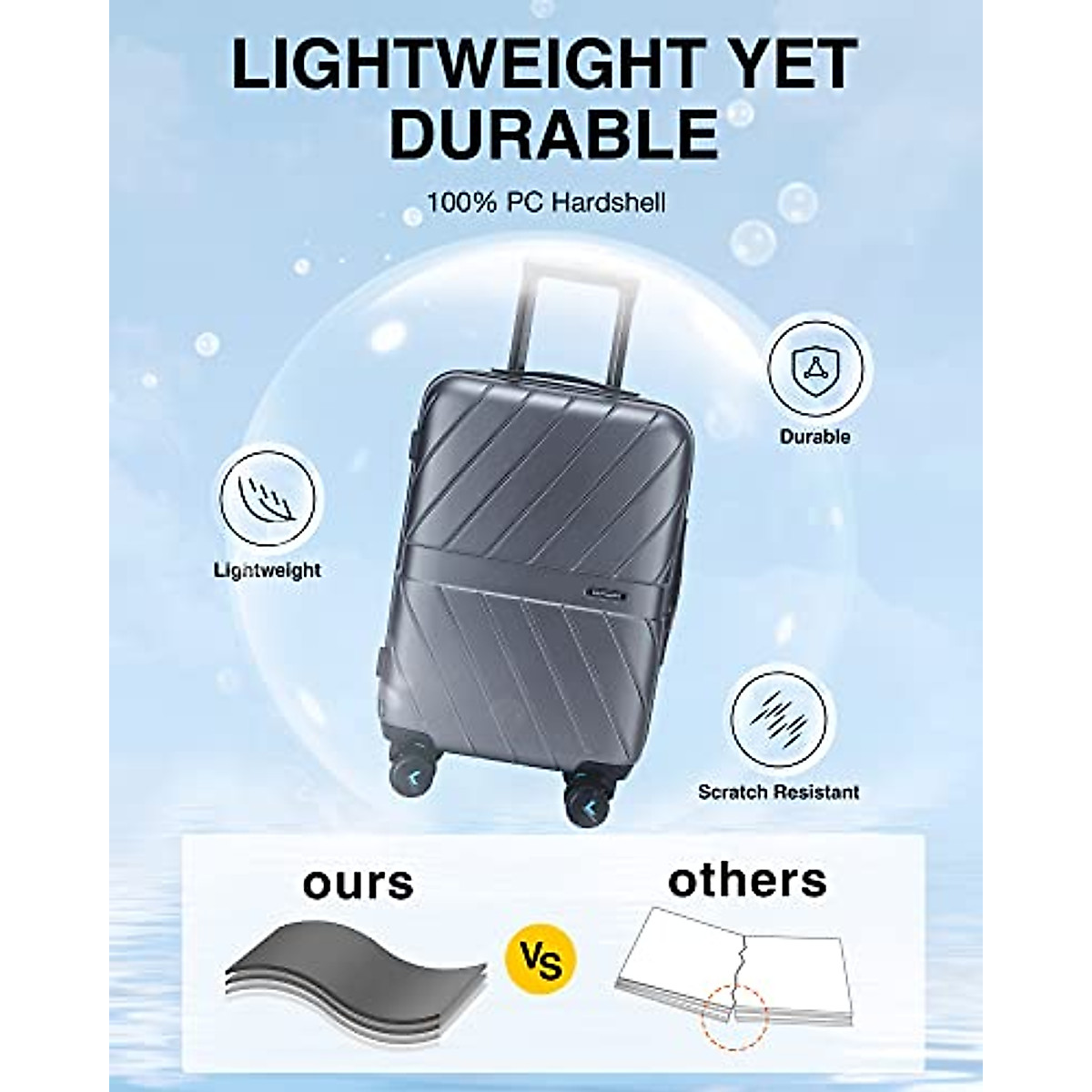BAGSMART Carry On Luggage 22x14x9 Airline Approved, 1OO% PC Lightweight Carry On Hardside Suitcase, 20 Inch Hard Shell Luggage with Spinner Wheels, Waterproof Rolling Suitcase, Silver Gray