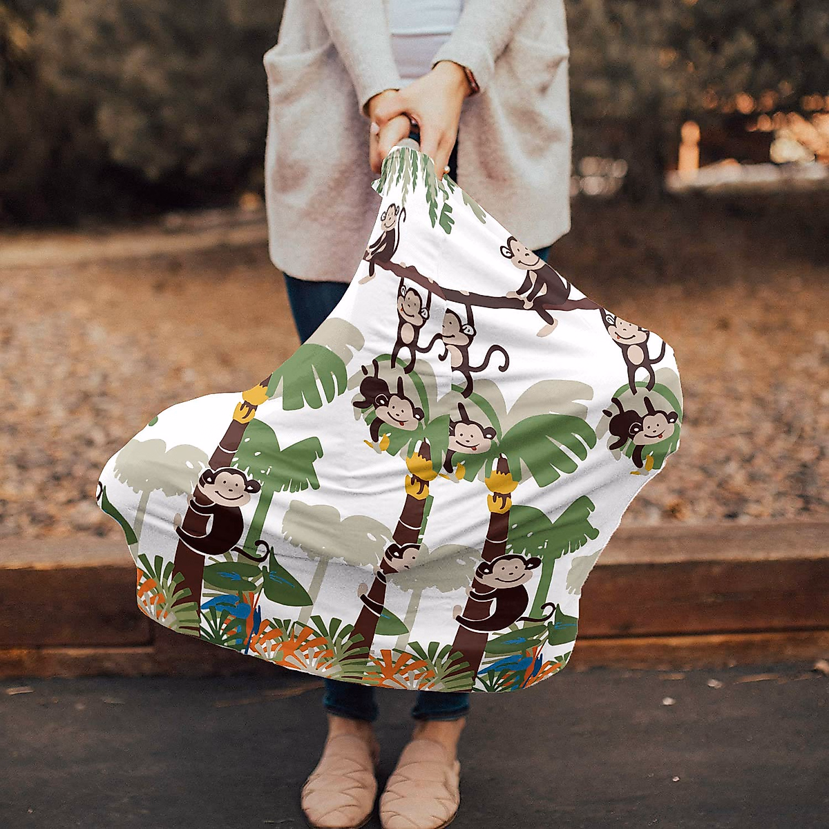 Car Seat Canopy Nursy Cover, Monkey Tree Jungle Zoo Multi Use Breastfeeding Scarf for Infant Carseat Canopy, Stroller, Shopping Cart, Highchair