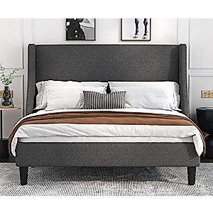 Allewie Full Size Bed Frame, Platform Bed Frame with Upholstered Headboard, Modern Deluxe Wingback, Wood Slat Support, Mattress Foundation, Dark Grey