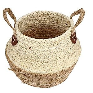 OFFSCH Woven Basket Woven Hamper Woven Storage Baskets Kids Basket Seagrass Belly Basket Seagrass Planter Woven Baskets Home Flower Basket Portable Basket Straw Flower Basket Beige Grass