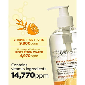 UGARDEN Power Vitamin C Micellar Cleansing Water, pH5.5 Rinse-Free Perfect Facial Makeup Remover, Hydrates & Brighten Skin, Dermatology Tested for Sensitive Skin, 16.9 fl.oz.