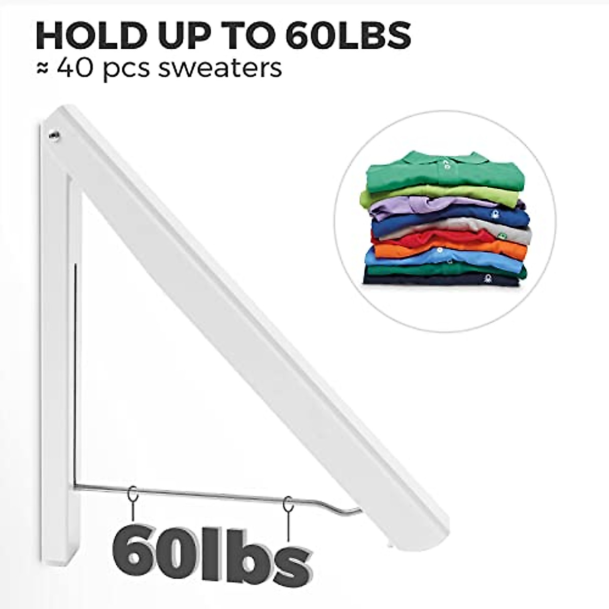 Ainpota 2 Pack Clothes Drying Rack Triangle Wall Mounted Drying Rack Clothing Laundry Drying Rack Collapsible with Rod for Laundry and Indoor，White