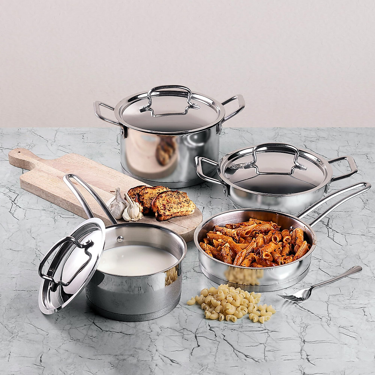 Vinod Classic Deluxe Stainless Steel Cookware Combo Set of 4 Pcs/Saucepan, Saucepot, Kadai and Frypan/Deep Kadhai for Cooking/Heavy Induction Bottom