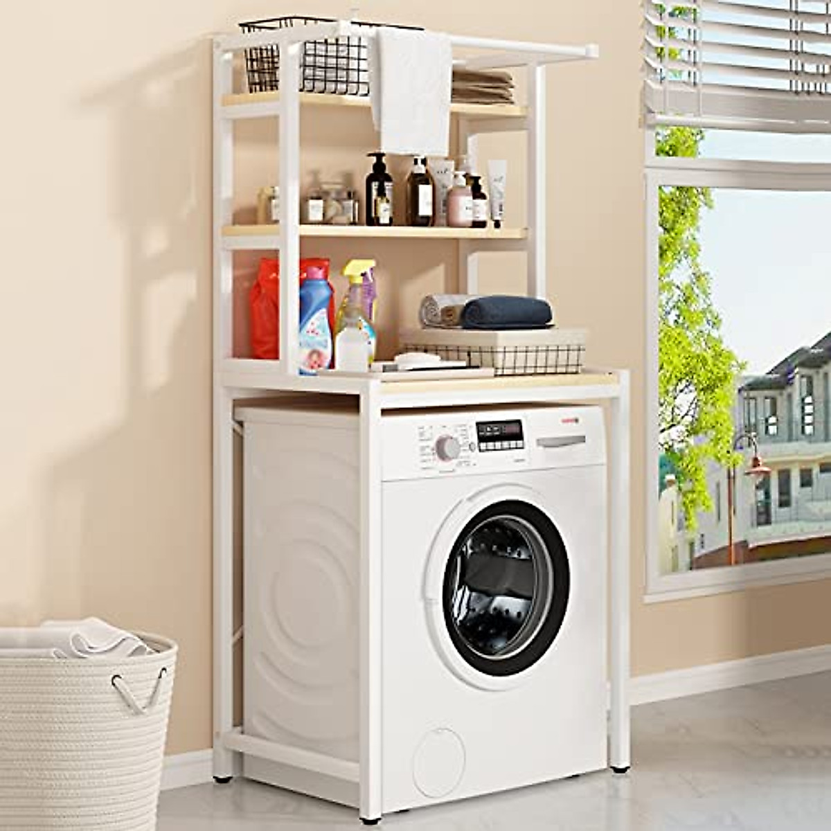 Over The Washer and Dryer Storage Shelf, Bathroom Space Saving Organizer Rack with Clothes Hanging Rod Rail, Balcony Towel Rack Handbag Rack, Bathroom Organization Space Saving Shelving Units