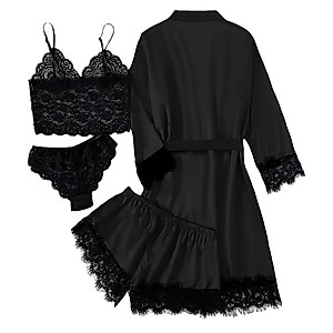 LYANER Women's 4pcs Sleepwear Satin Floral Lace Trim Cami Pajama Set with Robe True Black X-Large