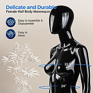 SereneLife Female Mannequin Torso, Adjustable Height and Detachable Arms Dress Form Display with Metal Stand, Glossy Black, for Sweaters, T-Shirts, Jackets, Dresses, Blouses, Tops