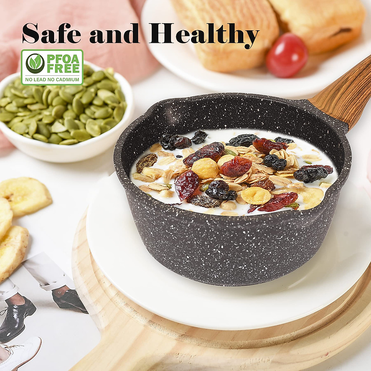 MINLUFUL Nonstick Saucepan with Lid, 1.8 Quart Classic Black Granite Coated Pasta Soup Pot for All Stovetops, 7 Inch Small Sauce Pan for Cooking Sauce Soup and Milk