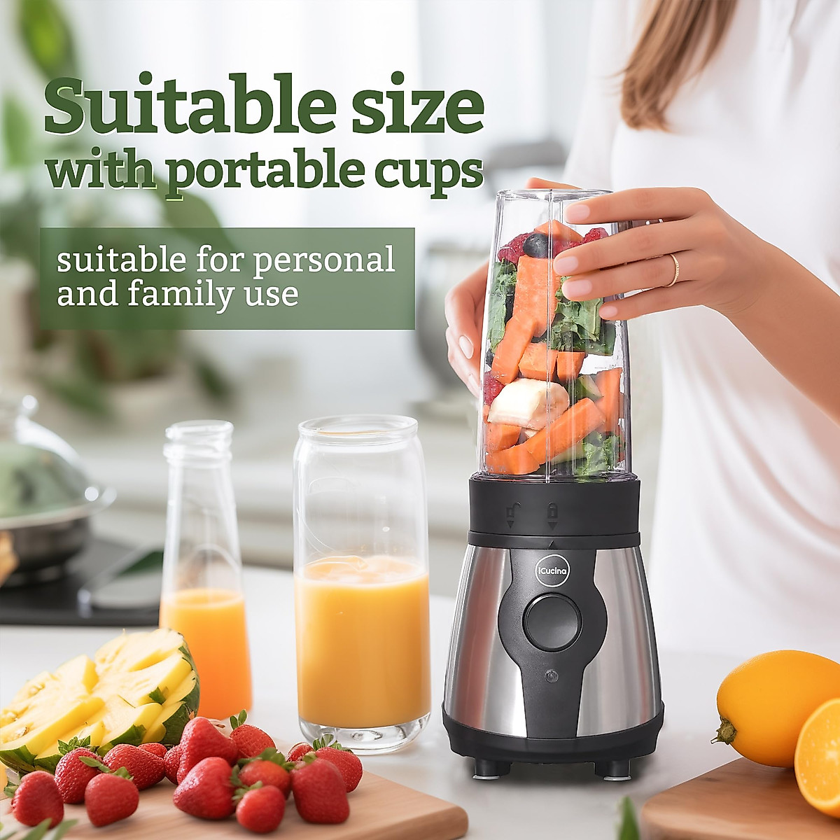 iCucina Personal Blender, Portable Blender For Shakes And Smoothies, Single Serve Blender, 28oz Blender Cups with To-Go Lids