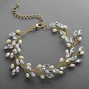 Mariell Bridal and Wedding Gold Bracelet with Crystal Gems and Freshwater Pearls, Fits 7" to 8 ½" Wrist