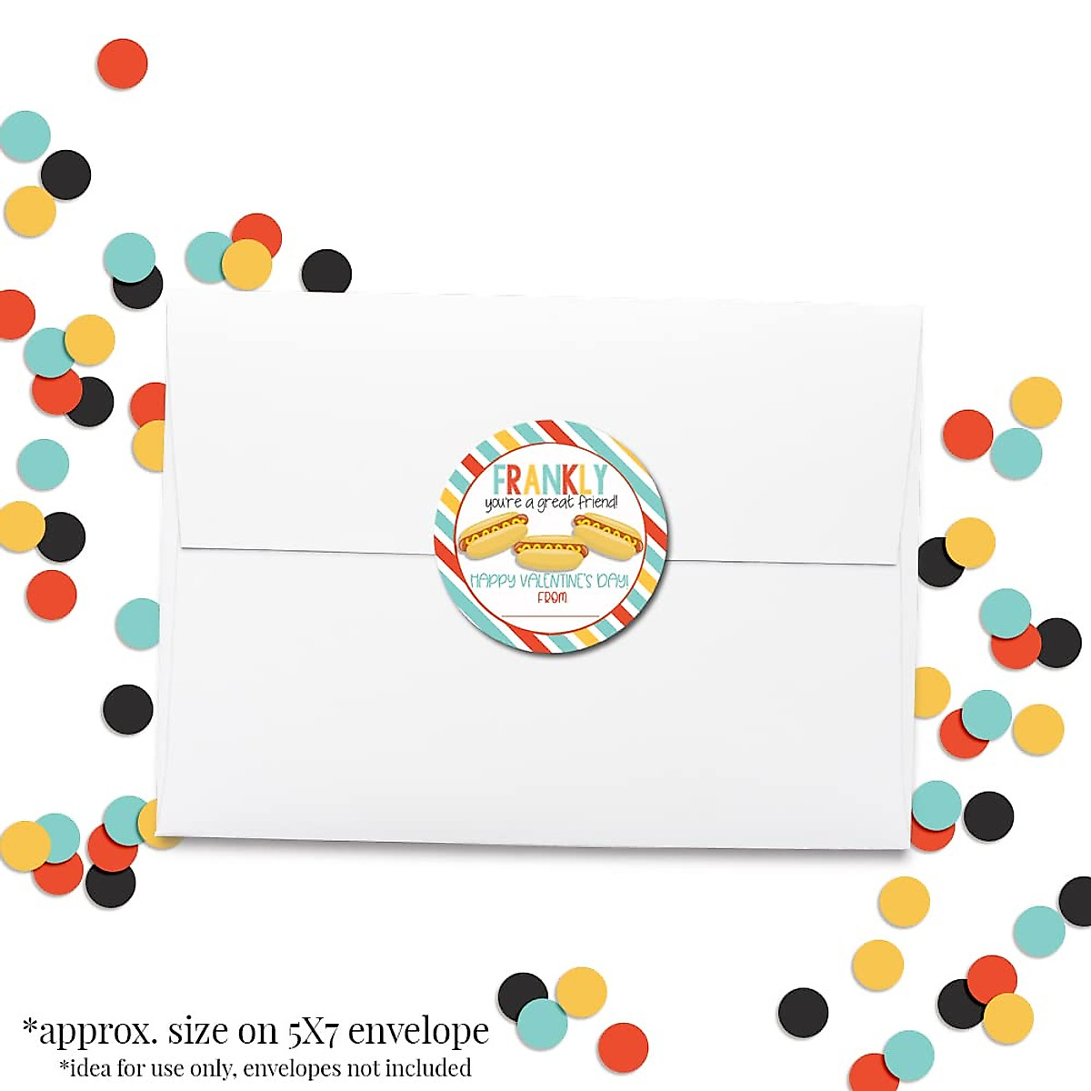 Valentine Hot Dog Themed Happy Valentine's Day Sticker Labels for Kids, 40 2" Party Circle Stickers by Amanda Creation, Great for Party Favors, Envelope Seals & Goodie Bags