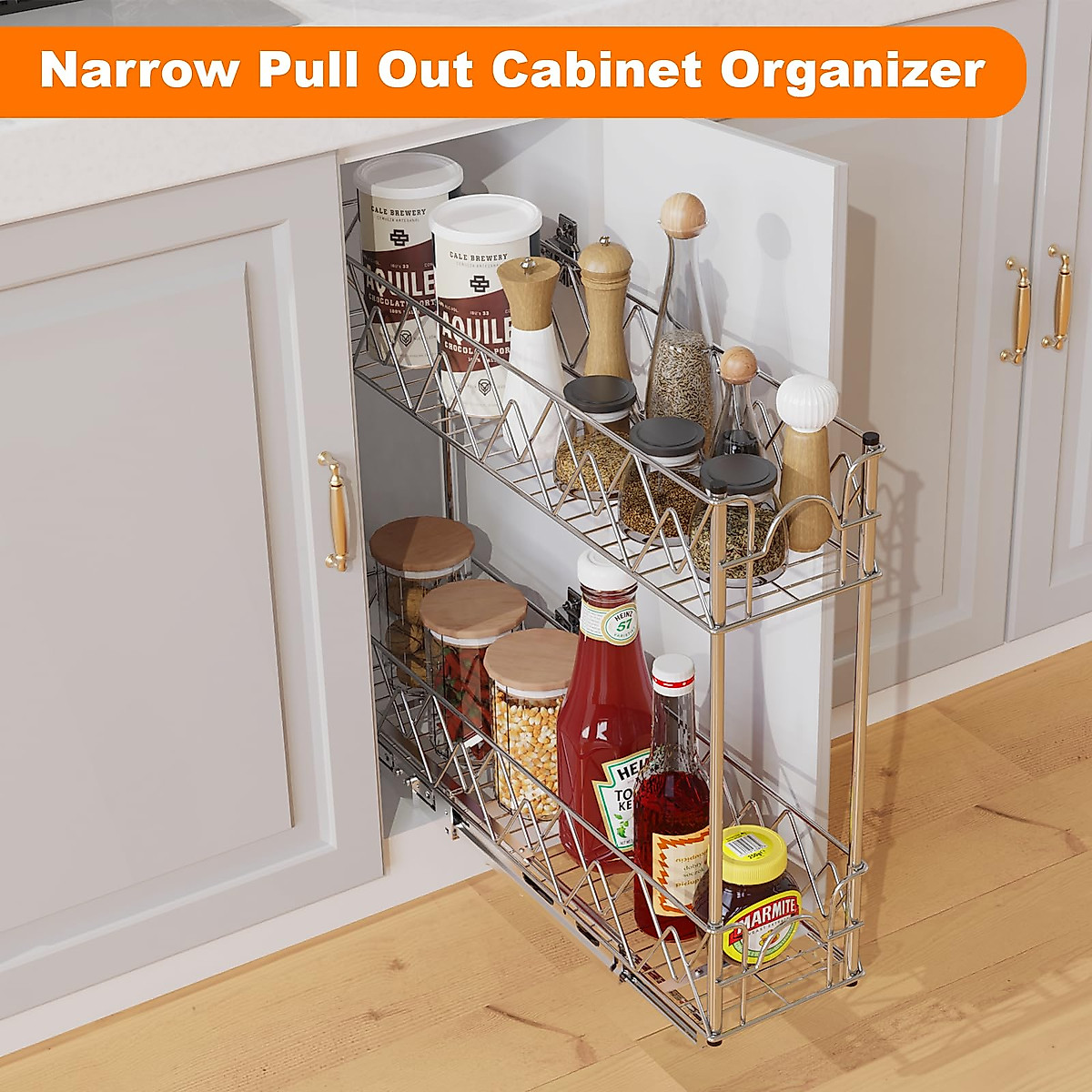 Glolaurge Pull Out Cabinet Organizer 5" W x 21" D, 2-Tier Narrow Kitchen Cabinet Drawer Slide Out Shelves, Chrome
