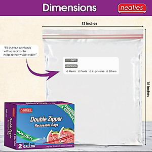 Neaties Heavy Duty 2 Gallon Double Zip Lock Bags for Kitchen or Storage, Food Storage Freezer Slider Bags 13"x16", 100pcs