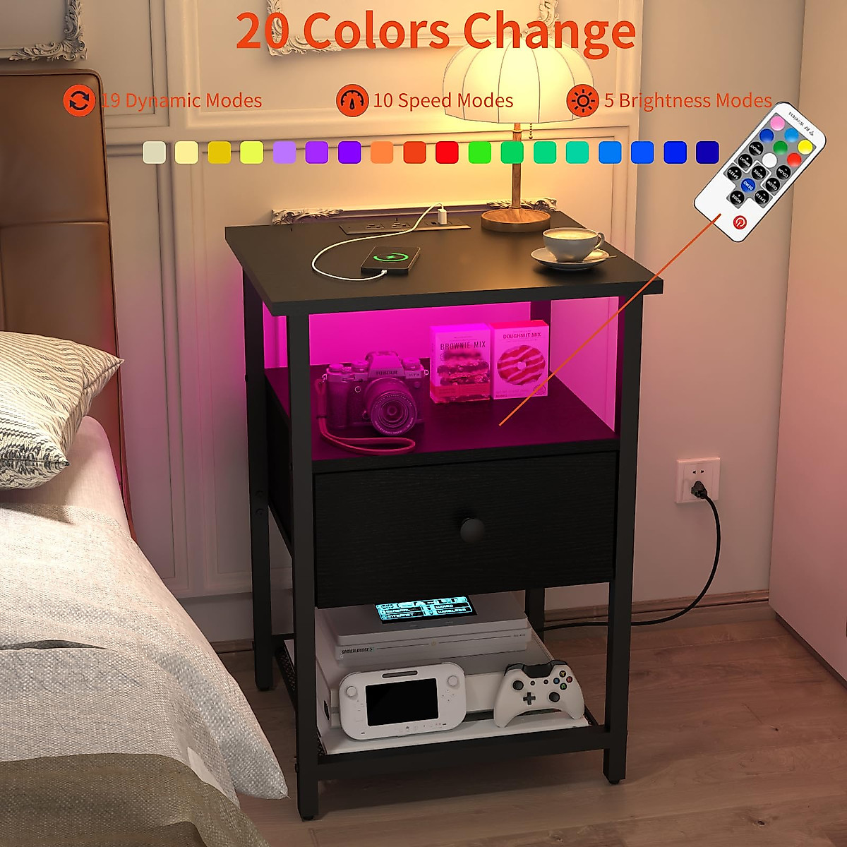 HDDDZSW LED Nightstands Set of 2 with Charging Station, Bedside Tables with USB Ports and Outlets, End Table with Fabric-Wood 2-in-1 Drawer for Small Spaces, Black Side Table for Bedroom, Living Room