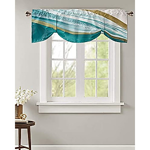 Abstract Tie Up Valance for Kitchen Windows, Turquoise White Gold Marble Texture Tie-up Curtain Shade Valances 42"x12" Rod Pocket Short Curtains Window Treatment for Living Room Stone Fluid Art
