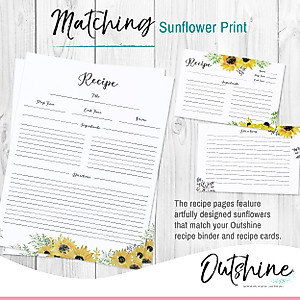 Outshine Premium Recipe Paper for 8.5" x 11" Recipe Binders, Sunflower Design (50 Sheets) | Refill Pages for Recipe Binder | No-Smear Matte Paper | Great Gift for Mom, Sister, Daughter, Friend