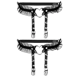 Geyoga 2 Pieces Adjustable Heart Shaped Leg Garters Women Sexy Lace Heart Harness Garter Belts Elastic Punk Rivet Thigh Ring Garters with Non-Slip Clips for Women Black
