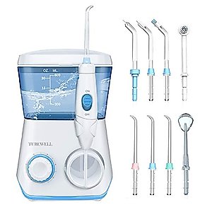 TUREWELL Water Flossing Oral Irrigator, 600ML Dental Water Teeth Cleaner 10 Adjustable Pressure, Electric Dental Oral Flosser for Teeth/Braces, 8 Water Jet Tips for Family (White)