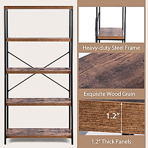 Giantex Industrial 5-Tier Wood Bookshelf - 63’’ Tall Open Storage Organizer Shelves with Anti-Tipping Device and Foot Pads, Steel Frame Bookcase Display Rack for Living Room, Bedroom, Office, Brown