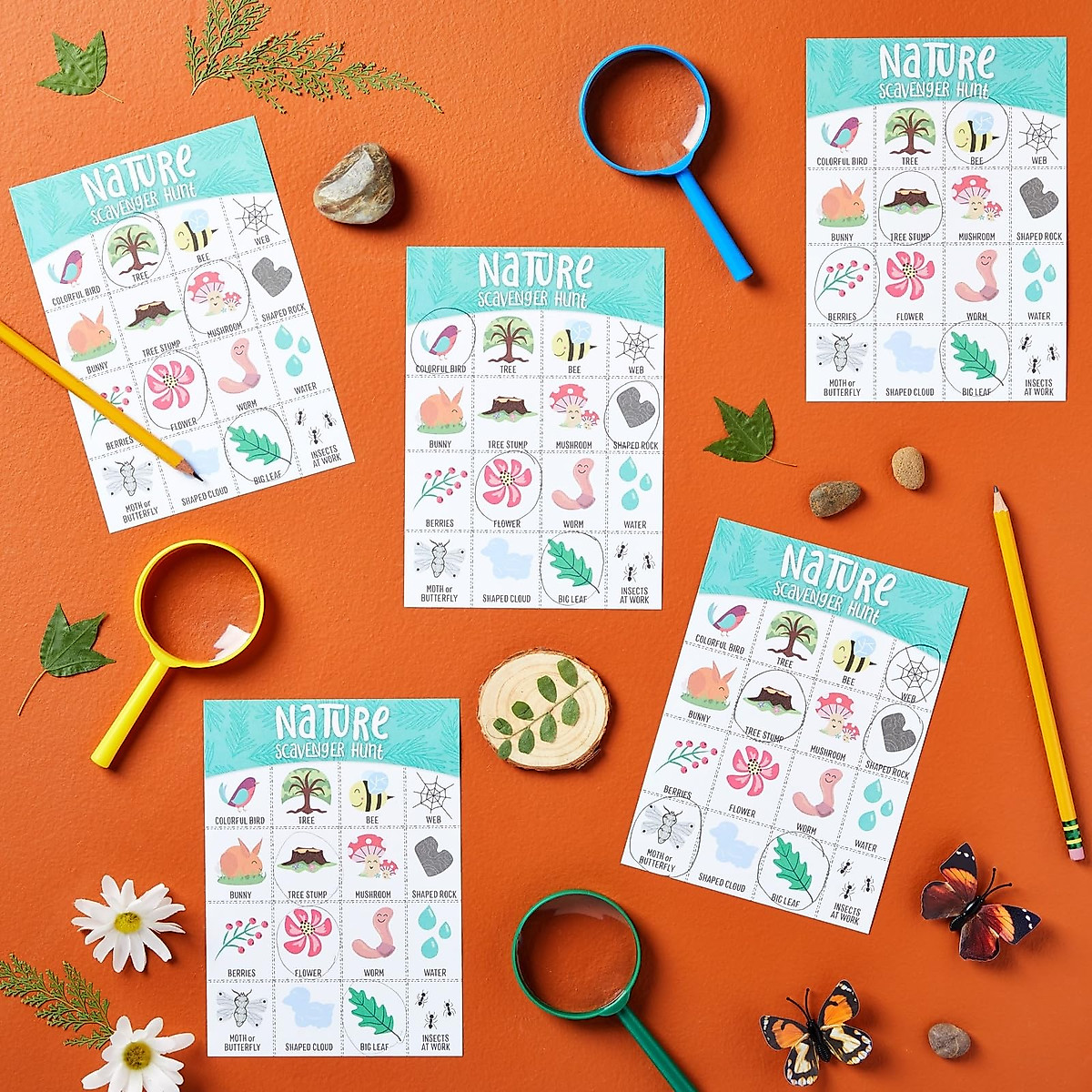 Juvale 50 Pack Nature Scavenger Hunt Cards for Kids Ages 4-8, Outdoor Find and Seek Camping Game