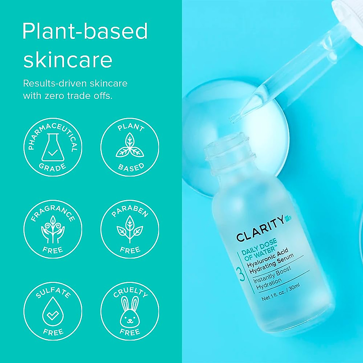 ClarityRx Daily Dose of Water Hyaluronic Acid Hydrating Face Serum, Natural Plant-Based Daily Moisturizing Treatment for Dry, Dull Skin (1 fl oz)