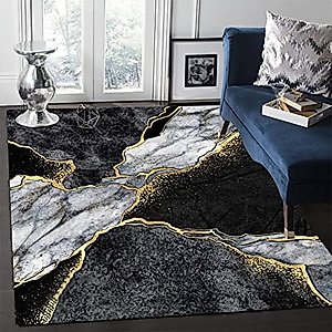 Black Grey Gold Marble Pattern Area Rug, Vintage Modern Bedroom Carpet, Upholstery Rug Non-Slip Machine Washable Non-Shedding for Living Room Bedroom - 5ft x 7ft