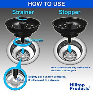 2 Pack - Black Kitchen Sink Strainer and Stopper Combo Basket Replacement for Standard 3-1/2 inch Drain, Electroplated Coated Stainless Steel Basket with Plastic Knob, Rubber Stopper Bottom