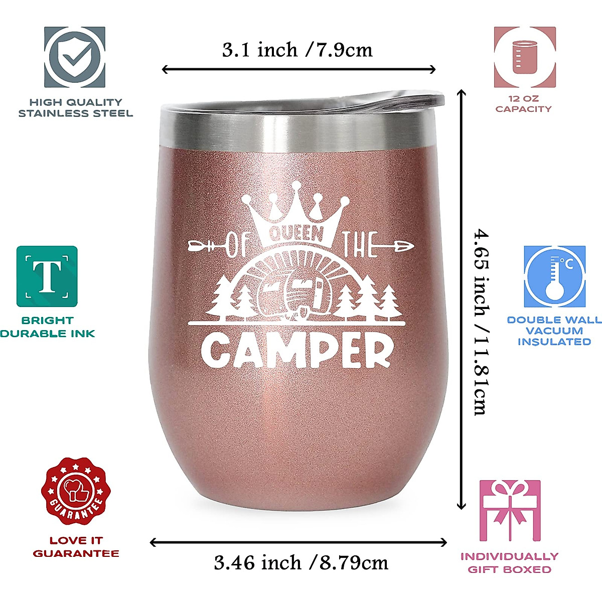 Coolertaste Queen Of The Camper Wine Tumbler, Happy Camper Gifts 12oz Cup, Gifts For Campers Outdoors, RV Hiking Camping Coffee Mugs, Camper Lover Couples Glass for Women