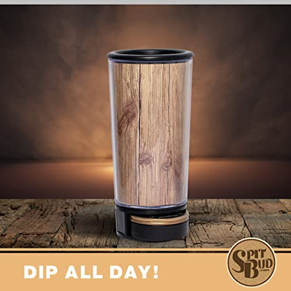 Wood Grain by Spit Bud - The Ultimate Spittoon for Chew - Portable Dip & Snuff Cup with Lid, Pop Tab, Spill-Proof Funnel, Can Cutter & Holder - Fit in Cup Holders - Holds 8oz - Made in USA