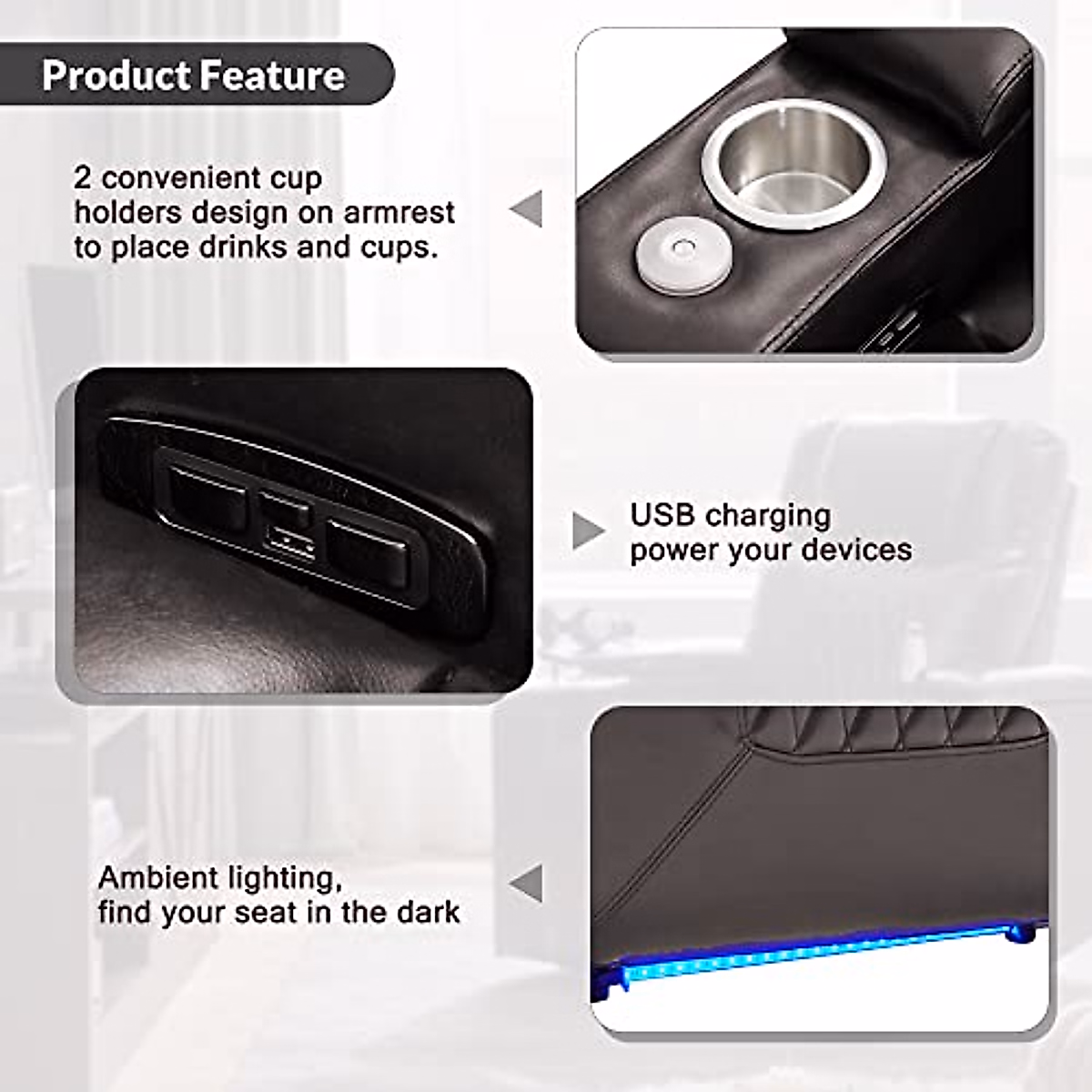 Merax Electric Recliner Chair with USB Charge Port, 360 Swivel Tray Table, Hand in-Arm Storage, and Cup Holders, Ambient Lighting - Ambient Lighting Gaming Recliner Chair Home Theater Seating (Brown)