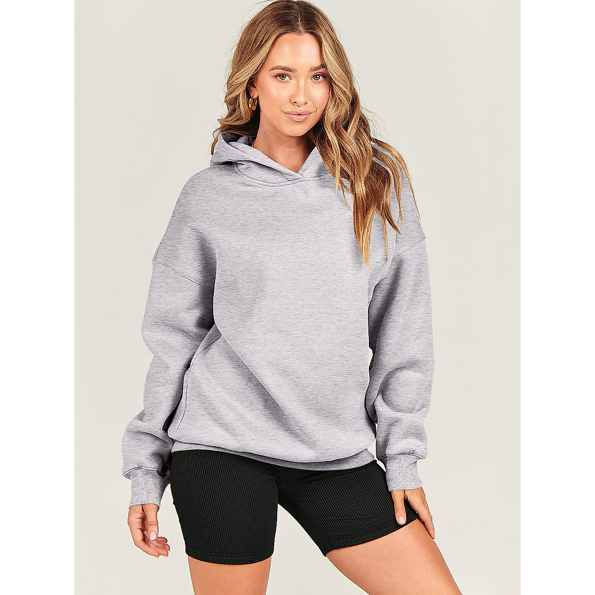 ANRABESS Women's Oversized Hoodies Long Sleeve Fleece Sweatshirts Solid Casual Hooded Pullover Loose Lightweight Fall Tops Clothes Grey A1023qianhuahui-L